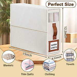 GhvyenntteS Bed Sheet Organizers and Storage 4 Pack (Queen & King Size), Foldable Sheet Organizers and Storage with Window and Label, Bed Sheet Organizer with Leather Handle, Beige