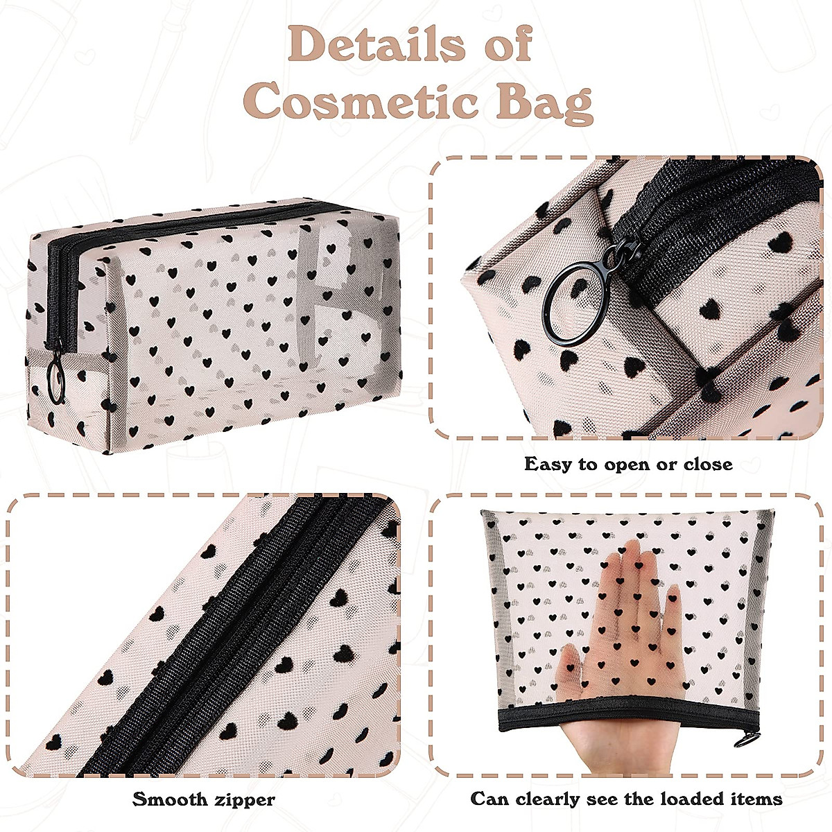 Frienda 6 Pieces Heart Makeup Bag Sets, Cute Heart Mesh Cosmetic Bag Mesh Zipper Makeup Toiletry Pouch Portable Travel Zipper Pouch for Women Vacation Travel, 6 Sizes(Beige and Black)
