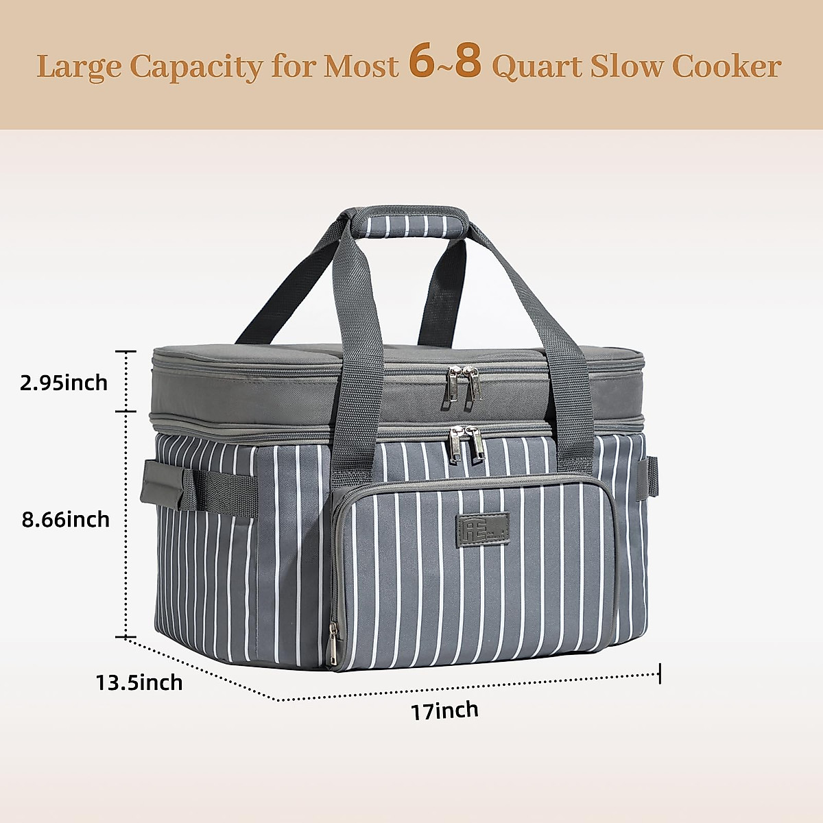 Fun Elements Double Layer Slow Cooker Carrier Bag for 6-8 Quart Oval CrockPot, Insulated Crock Pot Travel Bag with Support Pad and Adjustable Straps, Top Zip Compartment and Front Pocket for Utensils