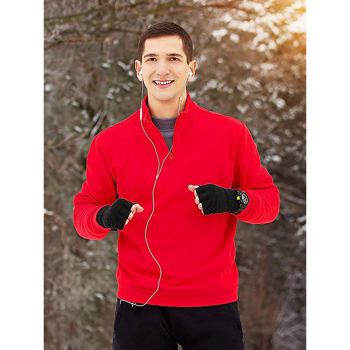 SATINIOR 4 Pairs Winter Half Finger Gloves Knitted Fingerless Mittens Warm Stretchy Gloves for Men and Women (Black, Navy, Red)