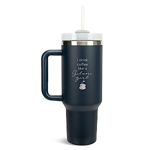Elanze Designs I Drink Coffee Like A Gilmore Girl 40 oz. Stainless Steel, Large Water Bottle Coffee Mug, Spill & Leak Resistant, Thermal Travel Tumbler with Handle, Lid & Straw, Navy Blue