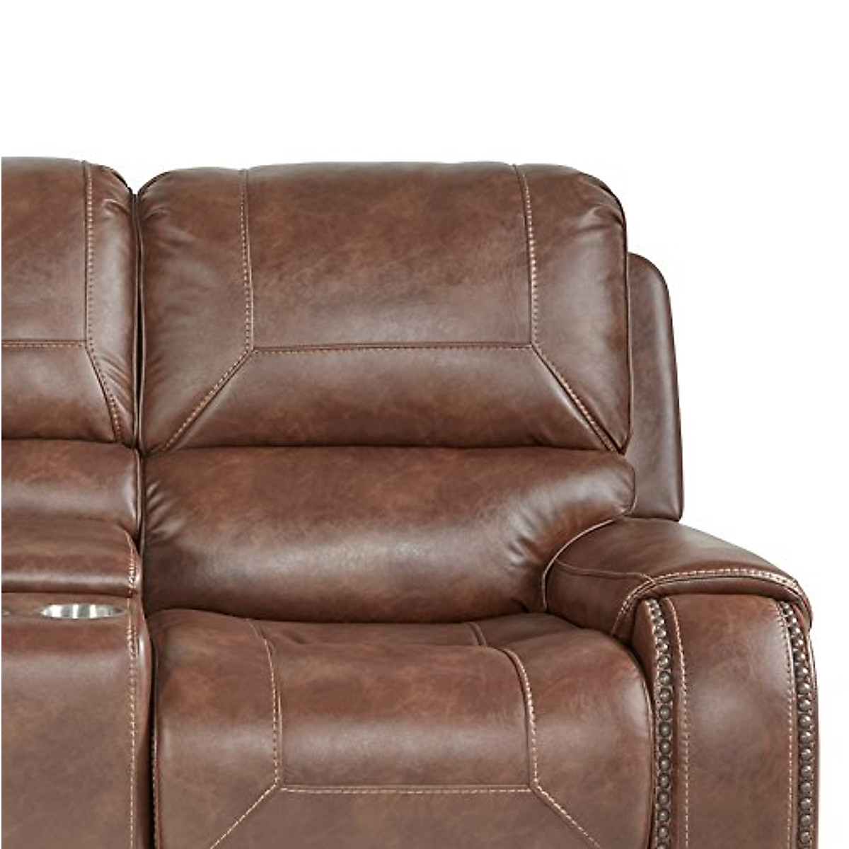 Roundhill Furniture Achern Brown Leather-Air Nailhead Manual Reclining Loveseat with Storage Console