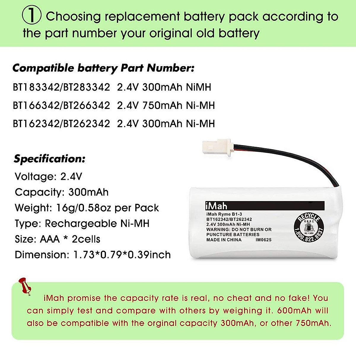 iMah BT162342 BT262342 BT183342 BT283342 Cordless Phone Batteries Compatible with VTech CS6114 CS6419 CS6719 AT&T EL5210 EL52300 EL52400 CL81101 CL80111 Handset Telephone, 2-Pack