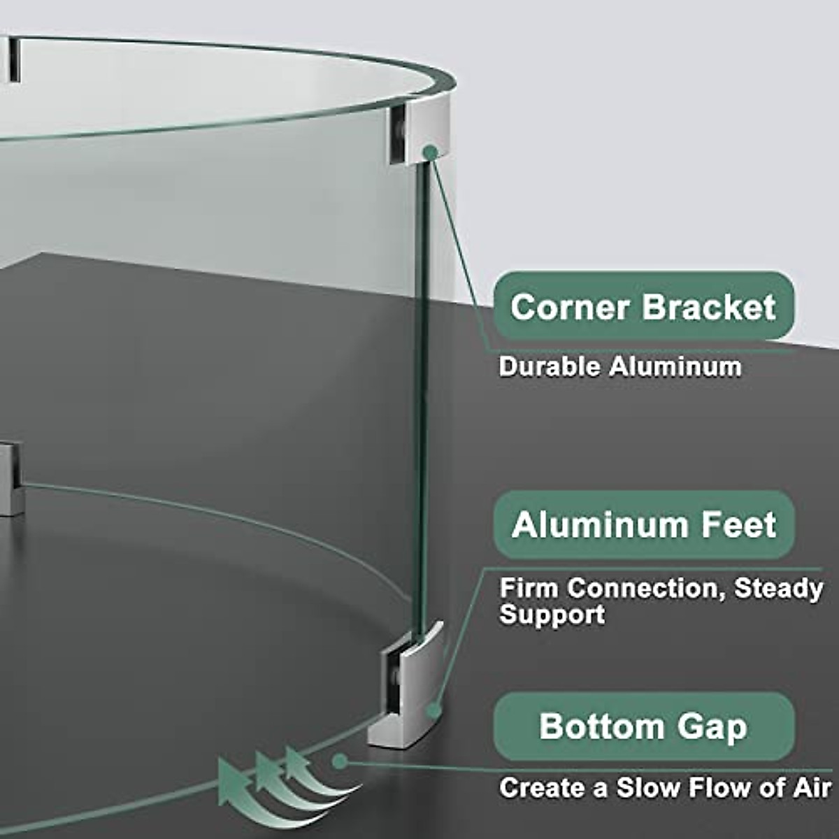GASPRO 23" x 8" Glass Wind Guard for Round Fire Pit Table, Thick and Tall Tempered Glass Panel with Hard Aluminum Corner Bracket & Feet, Easy to Assemble