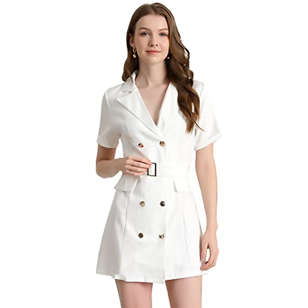 Allegra K Women's Notched Lapel Double Breasted Casual Work Office Belted Blazer Dress Medium White