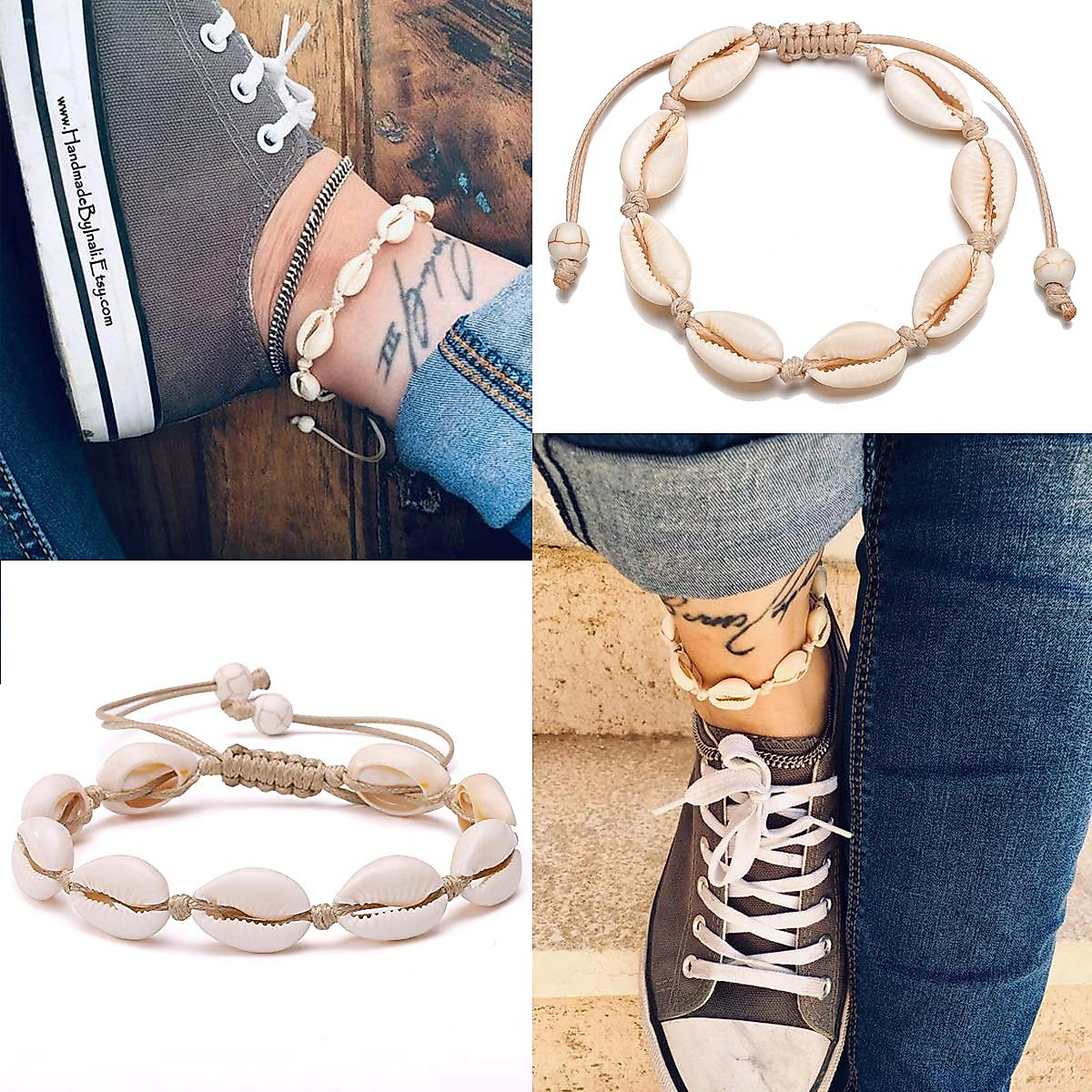 Starain 2Pcs Shell Necklace Anklet for Women Handmade Adjustable Puka Beach Shell Necklace Set