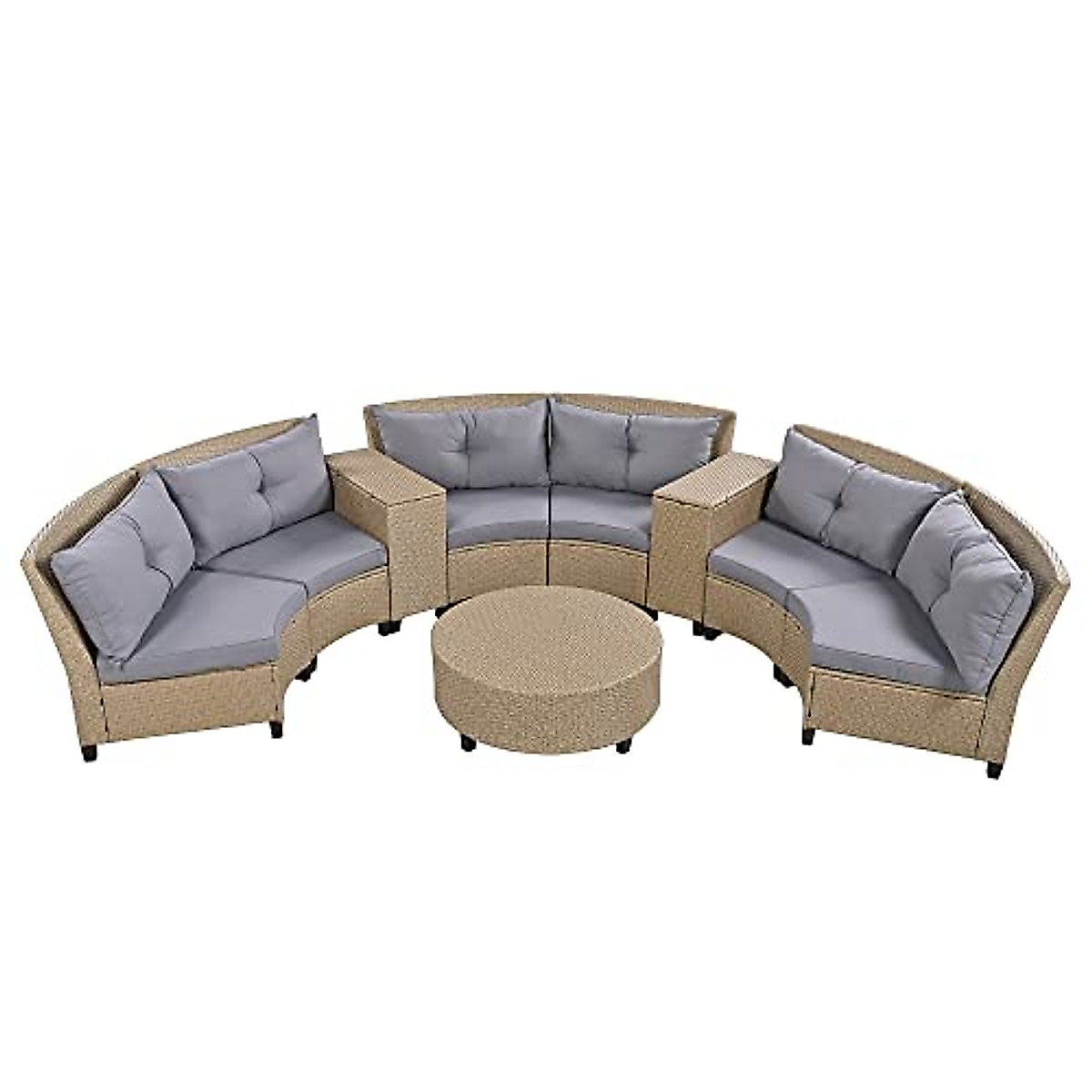 XD Designs 6-Persons Outdoor Half Round Patio Rattan Sectional Sofa Set, All Weather PE Wicker Free Combination Conversation Sofa Set with Thick Cushions and Coffee Table for Garden Yard (Brown+Gray)