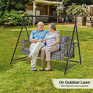 VINGLI 4 FT Rattan Porch Swing Outdoor Support 800 LBS with Cushions & Adjustable Chains, Patio Wicker Swing Bench Chair for Garden, Yard, Lawn, Tree, Grey