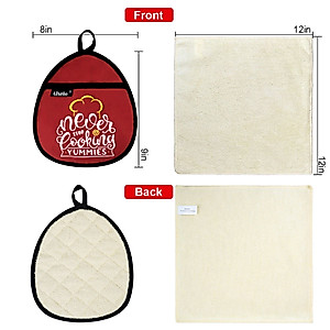 Alselo Pot Holders and Kitchen Towel, Heat Resistant Potholder 4 Piece with Microfiber Towel 1 Piece, Funny Baking Theme Hot Pats Festive Gift Oven Mitts for Cooking Baking BBQ (Dull-red, 5)