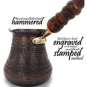 DEDE Copper - PCZ Series (Large-14fl.oz) - Thickest Solid Copper Engraved/Hammered Turkish Greek Arabic Coffee Pot with Wooden Handle, Stovetop Coffee Maker Cezve Jezve Jazva Ibrik Briki (Antique)