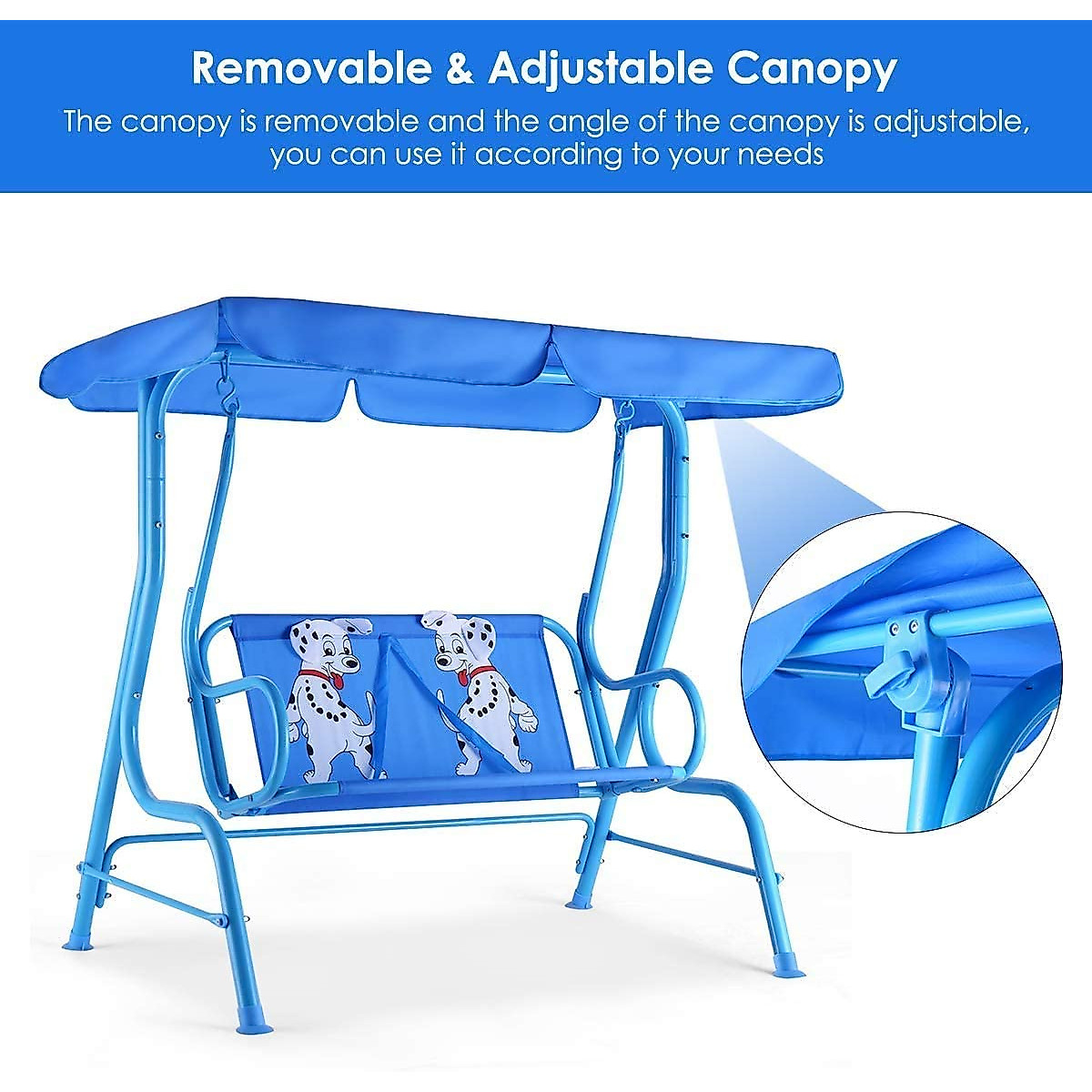 ReunionG Kids Porch Swing, 2 Seats Children Swing Chair w/Safety Belt & Adjustable Hammock Canopy, Kids Patio Swing Bench for Outdoor