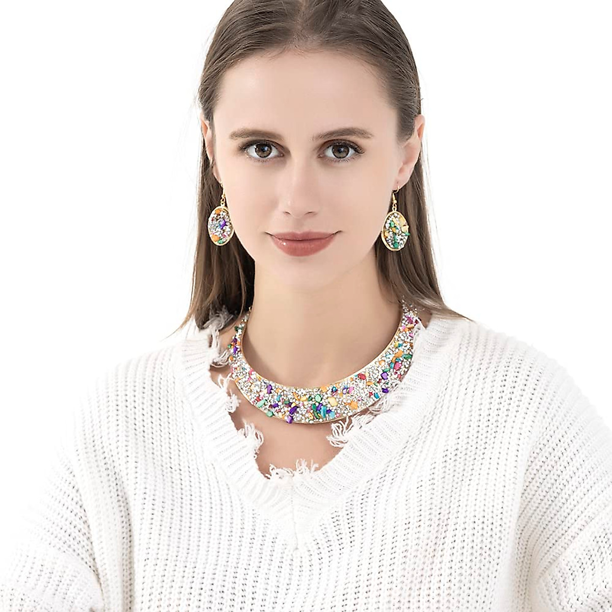 Rhinestone Collar Gold Alloy Metal Necklace For Women Stone Bangle Earring Jewelry Accessories 3pcs Sets (3pcs colorful sets)