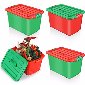 Abbylike 33 Quarts Christmas Storage Bin Holiday Seasonal Storage Totes with Lids Red Green Christmas Ornament Storage Containers for Christmas Home Organization Holiday Decoration(4 Packs)