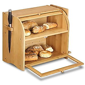 HOMEKOKO Double Layer Large Roll Top Bread Box for Kitchen Counter, Retro Design Wooden Large Capacity Bread Storage Bin (Natural)