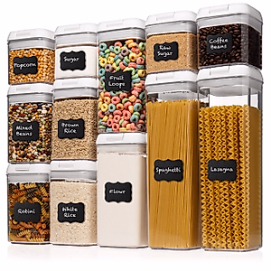 Shazo Airtight Food Storage Containers 12 PC Set, Kitchen Pantry Organization Plastic Containers + Labels +Marker BPA FREE Food Storage Container for Sugar, Rice, Cereal, Flour + Interchangeable Lids