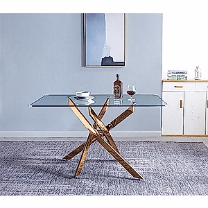 51'' Glass Dining Table with Tempered Glass Top, Gold Stainless Steel Legs Rectangular Table for 4 or 6 Person, Modern Kitchen Table Furniture for Home Office Dining Room, Elegant Clear Glass Table