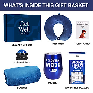 Amabeen Gifts Get Well Soon Gift Basket for Men – Recovery & After Surgery Care Package - Plush Blanket, Insulated Tumbler, Neck Pillow, Massage Roller, Puzzle Book, Funny Card, Pen
