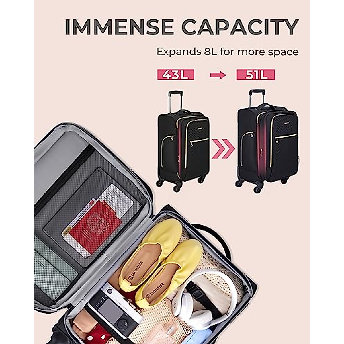 BAGSMART Carry On Luggage 20 Inch, Expandable Suitcase, 2 Piece Luggage Sets Luggage Airline Approved Rolling Softside Lightweight Suitcases with Front Pocket for Women Men, Carry-On Black