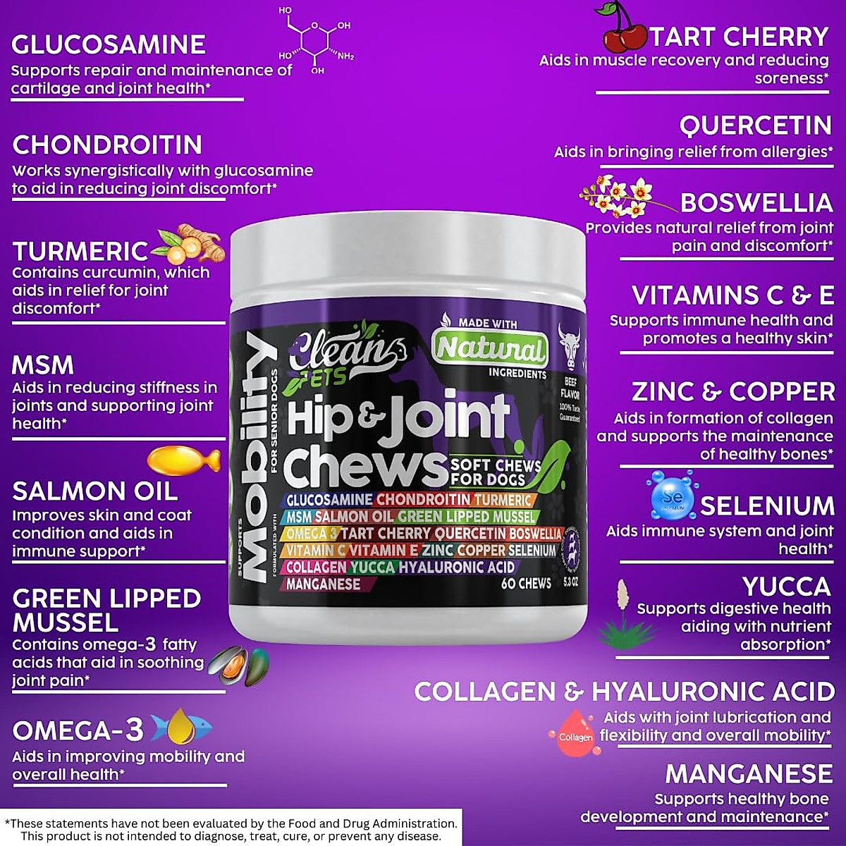 Hip and Joint Supplement Dogs with Glucosamine for Dogs + Chondroitin, Turmeric, Hyaluronic Acid, MSM, Salmon Oil, Collagen, Vitamin C, Omega 3 Senior Dog Supplements Beef Flavor by Clean Pets