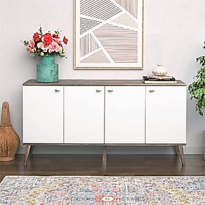 Prepac Milo Mid-Century 4 Door Buffet, 16" D x 64" W x 32" H, Drifted Gray/White