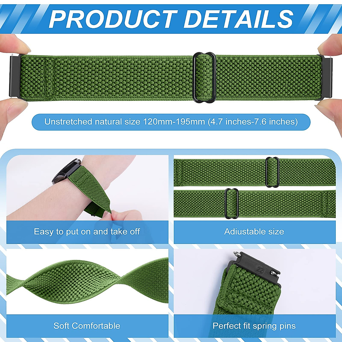 Relting Compatible with 16mm 18mm 19mm 20mm 22mm Watch Bands Quick Release Replacement Wristband,Adjustable Stretchy Nylon Solo Loop Straps Fabric Braided Sport Elastic Bands for Men Women