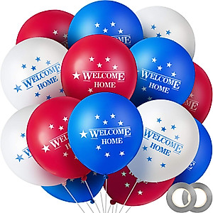 60 Pieces Patriotic Latex Balloons Welcome Home Balloons Colorful American Star Balloons Fourth of July Decorations Round Patriotic Balloons with 2 Rolls Ribbons for Welcoming Party, Homecoming Event