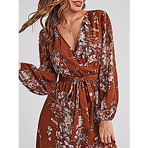 Floerns Women's Summer Wrap V Neck Long Sleeve Belted Floral Print Maxi Dress Rust Brown S