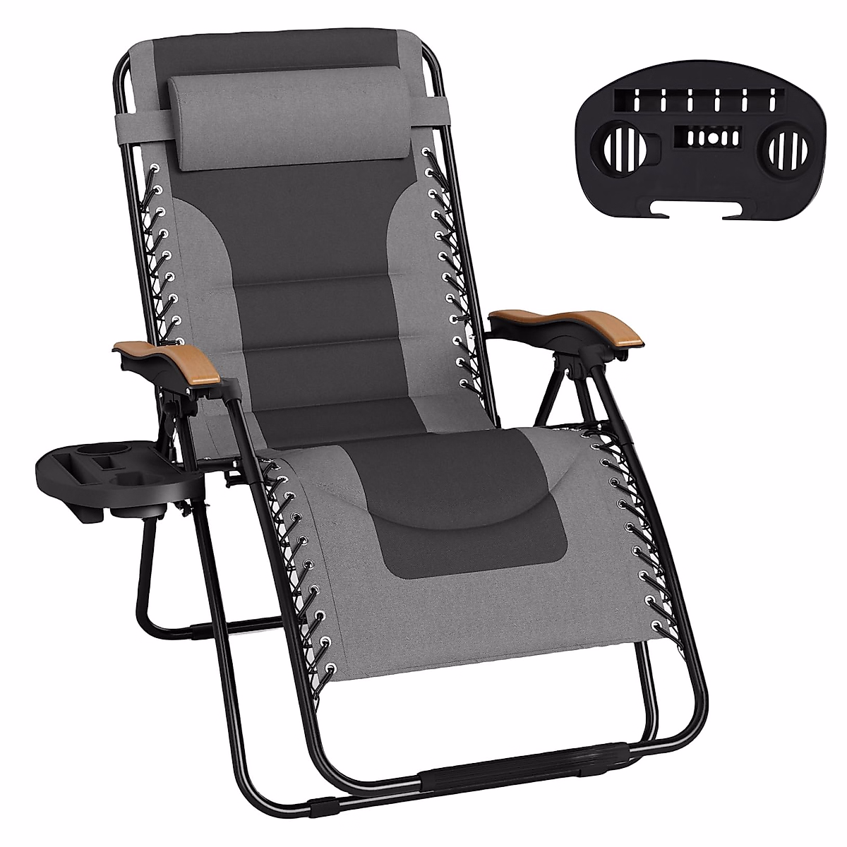 MFSTUDIO Zero Gravity Chairs, Oversized Patio Recliner Chair, Padded Folding Lawn Chair with Cup Holder Tray, Support 400lbs, Grey