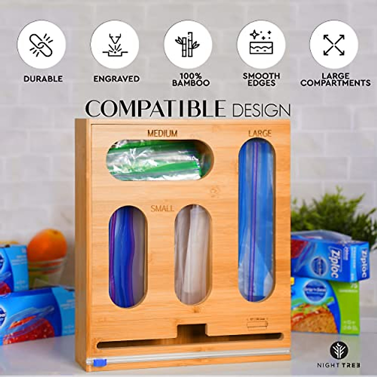 Night Tree Plastic bag storage organizer - Ziplock Sandwich bag organizer for kitchen plastic bag storage or Wall Mount - 5 in 1 Includes Plastic Wrap or Foil dispenser with Cutter