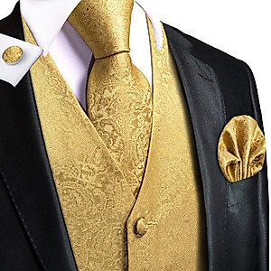 Dubulle Mens Suit Vest and Tie Set Paisley Floral Waistcoats for Men with Necktie Pocket Square Cufflinks Tuxedo Wedding,Gold,Large