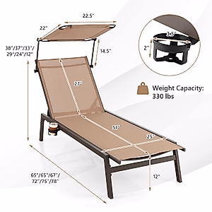 Tangkula Patio Chaise Lounge Chair, Outdoor Recliner with Adjustable Canopy & Cup Holder, 6-Level Backrest, Heavy-Duty Metal Reclining Lounger for Poolside, Backyard (1, Brown)
