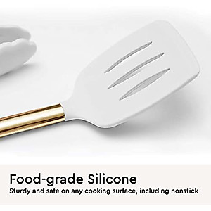 White Silicone and Gold Cooking Utensils Set with Holder- 7 PC Gold Kitchen Utensils Set Includes Gold Whisk, Gold Spatula, White Kitchen Utensils and Gold Utensil Holder- Gold Kitchen Accessories