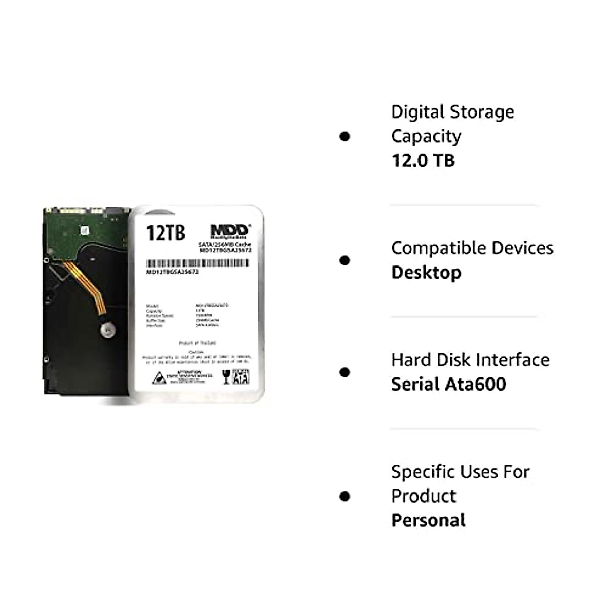 MDD 12TB 7200RPM SATA 6Gb/s 256MB Cache 3.5inch Internal Desktop Hard Drive, MD12TBGSA25672, Mechanical Hard Disk