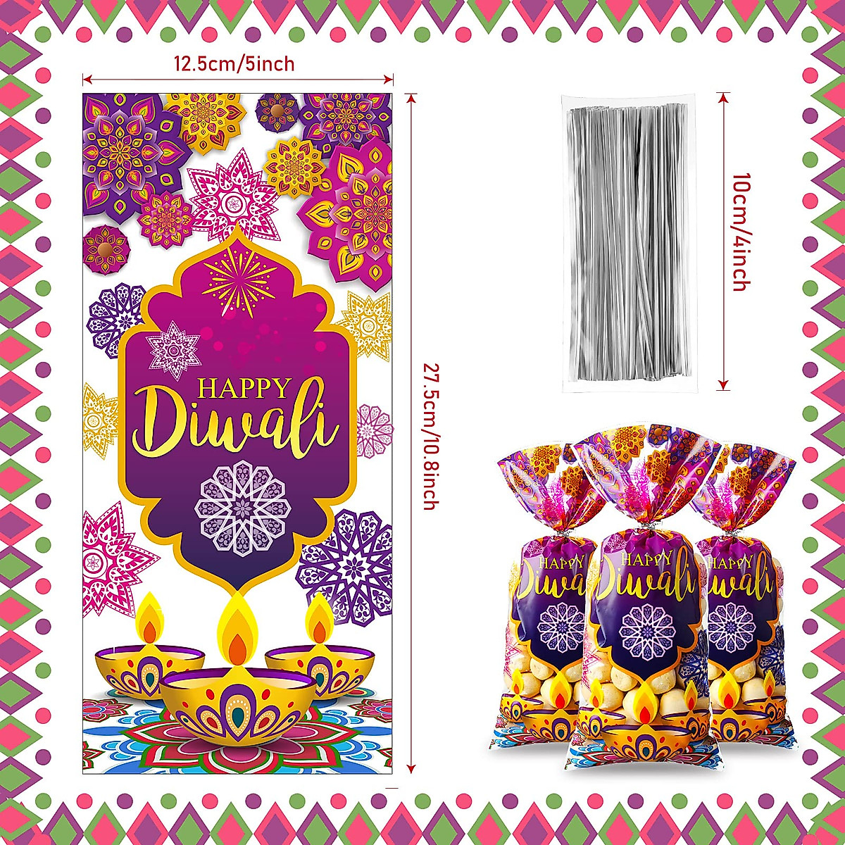 100 Pieces Happy Diwali Party Favor Bags, Festival of Lights Gift Candy Bags with Twist Ties Cellophane Plastic Treat Goodie Bags for Diwali Party, Indian Lights celebration Party Supplies Decoration