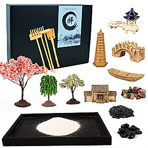 Yoquare Mini Zen Garden Kit - 10" x 7" Upgraded Zen Garden for Desk with 18 Accessories Sand Garden Decoration Included Sand Tray,Zen Garden Rake,Trees,Pagoda,Bridge,Pavilion,Boat Zen Gifts Women