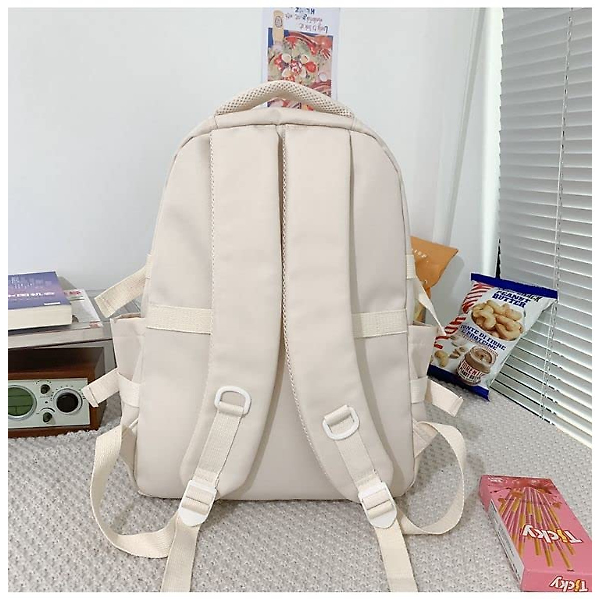 Large Simple Kawaii Backpack with Pendant for Girl Teen College Student High School Laptop Book Bag Travel Waterproof (Beige)