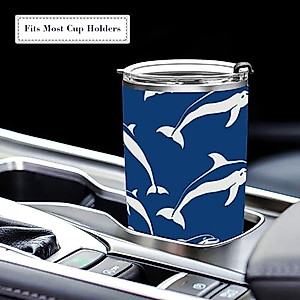 sanluoli Dolphin Silhouettes Blue and White Stainless Steel cups with lids reusable with Straw Lid leak proof coffee travel mug for outdoor portable Vacuum Insulated Tumbler 20 OZ