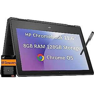 HP Chromebook 11 X360 G3 11.6'' HD 2-in-1 Touchscreen (8-Core MediaTek MT8183, 8GB RAM, 128GB Storage (64GB eMMC + 64GB SD Card), Stylus, Webcam, Wi-Fi) Flip, IST Pen, Chrome OS, Black (HP 11MK G3)