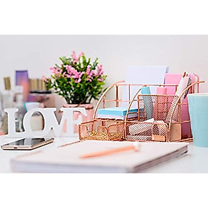 rosework Rose Gold Desk Organizer for Women, Mesh Office Supplies Desk Accessories, Features 5 Compartments + 1 Mini Sliding Drawer