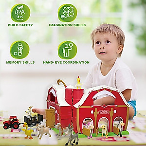 Big Red Barn Farm Figures Animals Toys for Toddlers, Cute Farm Figurines, Fence and Farmer Vehicle Toy Truck Pretend Farm Playset for 3+ Years Old Kids Girls Boys Educational Learning Toys