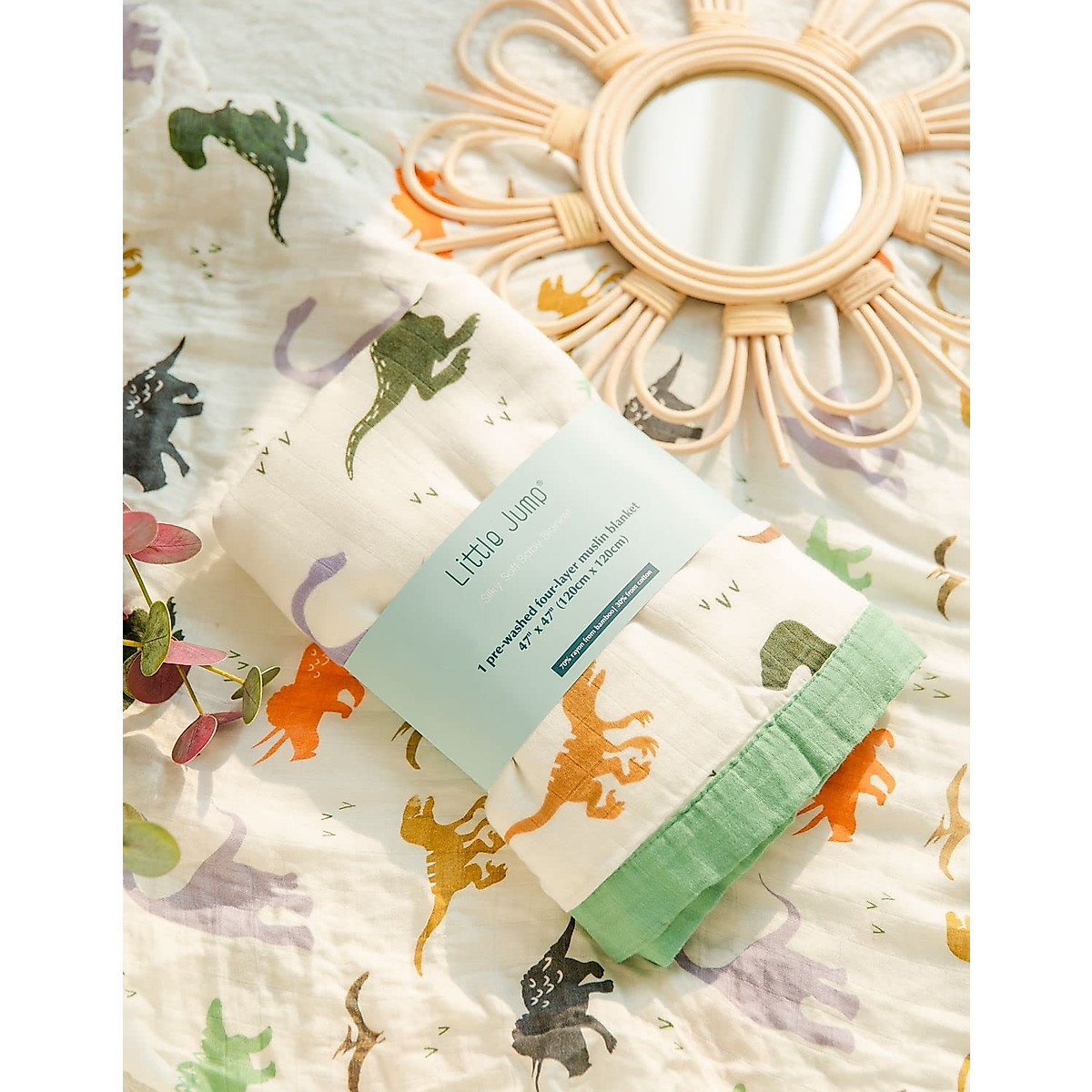 Little Jump Dinosaur Muslin Blanket Baby Quilt - Silky Soft and Breathable Crib Blanket for Daycare - Large 47" x 47" - 2 Layers Toddler Summer Blankets for Boys (Dinosaur)