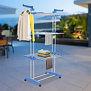 Clothes Drying Rack,Oversized 4-Tier(67.7" High) Foldable Stainless Steel Drying Rack Clothing,Movable Drying Rack With 4 Castors, 24 Drying Poles & 14 Hooks For Bed Linen, Clothing, Grey/Blue (Blue)