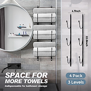 Skybooly 4 Pack Wall Mounted Towel Racks for Bathroom 3 Level Wine Rack Towel Holder Metal Bathroom Towel Storage Shelves Rolled Towel Organizer for Kitchen Bath Hand Towels Washcloths Linens, Black