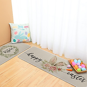 Riakrum 2 Pcs Easter Kitchen Rug Cute Bunny Ears Easter Doormat Seasonal Floral Easter Rug Non Slip Spring Mat for Kitchen Indoor Outdoor Yard Entrance Floor Garage Patio