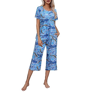 Ekouaer Women's Pajamas Set Short Sleeve Top With Capri Pants Pjs Lounge & Sleepwear SetCashew Navy BlueXX-Large