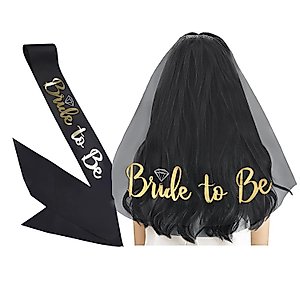 MioCloth Black Bridal Wedding Veil with Comb and Bride to Be Satin Sash, Bachelorette Party Decorations Supplies for Women Gold Letter