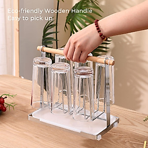 POCHOIO Cup Drying Rack for Countertop,Stainless Steel Bottle and Mug Drying Rack with Wooden Handle-Countertop Organizer for Mugs, Glasses, and Bottles,Silver