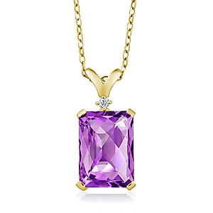 Gem Stone King 7.22 Cttw Purple Amethyst and White Diamond Pendant Necklace For Women In 18K Yellow Gold Plated Silver | Emerald Cut 14X10MM | Gemstone Birthstone | With 18 Inch Chain