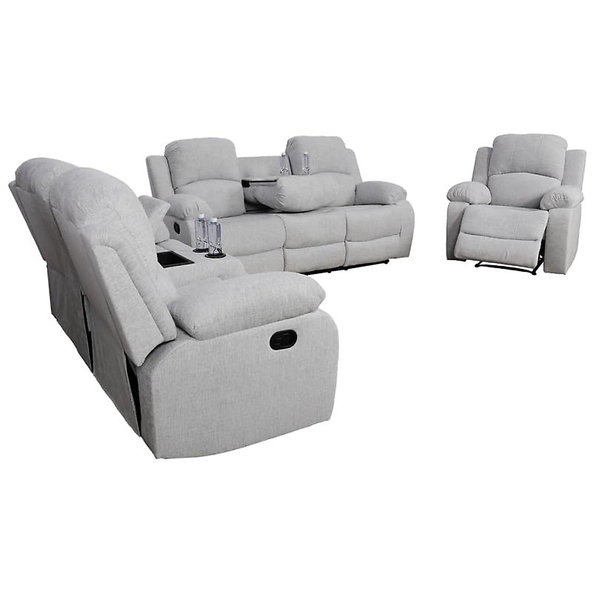 We Own Linen Recliner Sofa Set 3 PCS Motion Sofa Loveseat Recliner Sofa Recliner Couch Manual Reclining Chair for Living Room (3 Piece Set) (Grey)