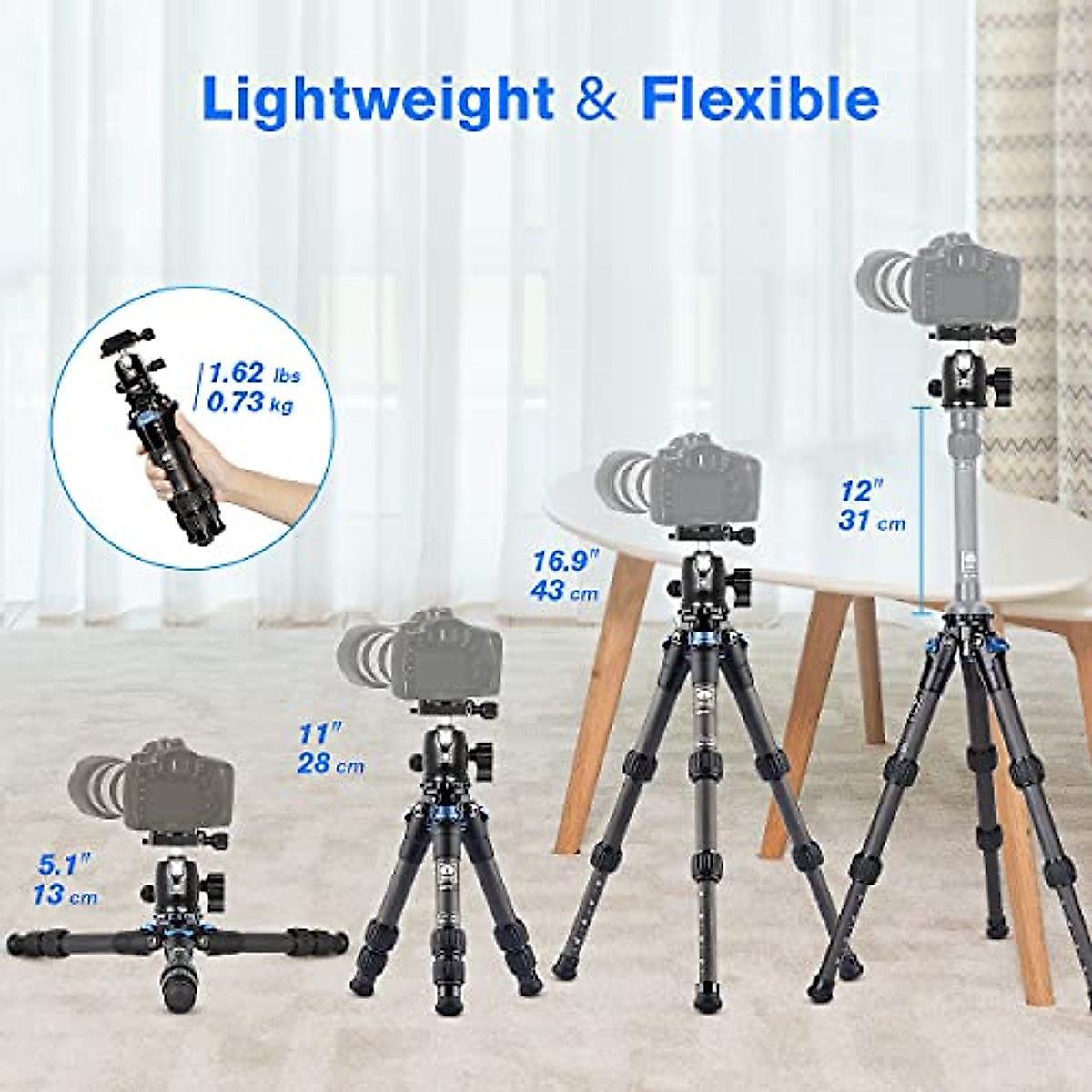 SIRUI AM-223 Carbon Fiber Camera Tripod Mini Travel Compact Tripod with 360° B-00K Ball Head, Arca Swiss Quick Release Plate, Loads up 15KG, Max Height 16", Folded Height 12.1"